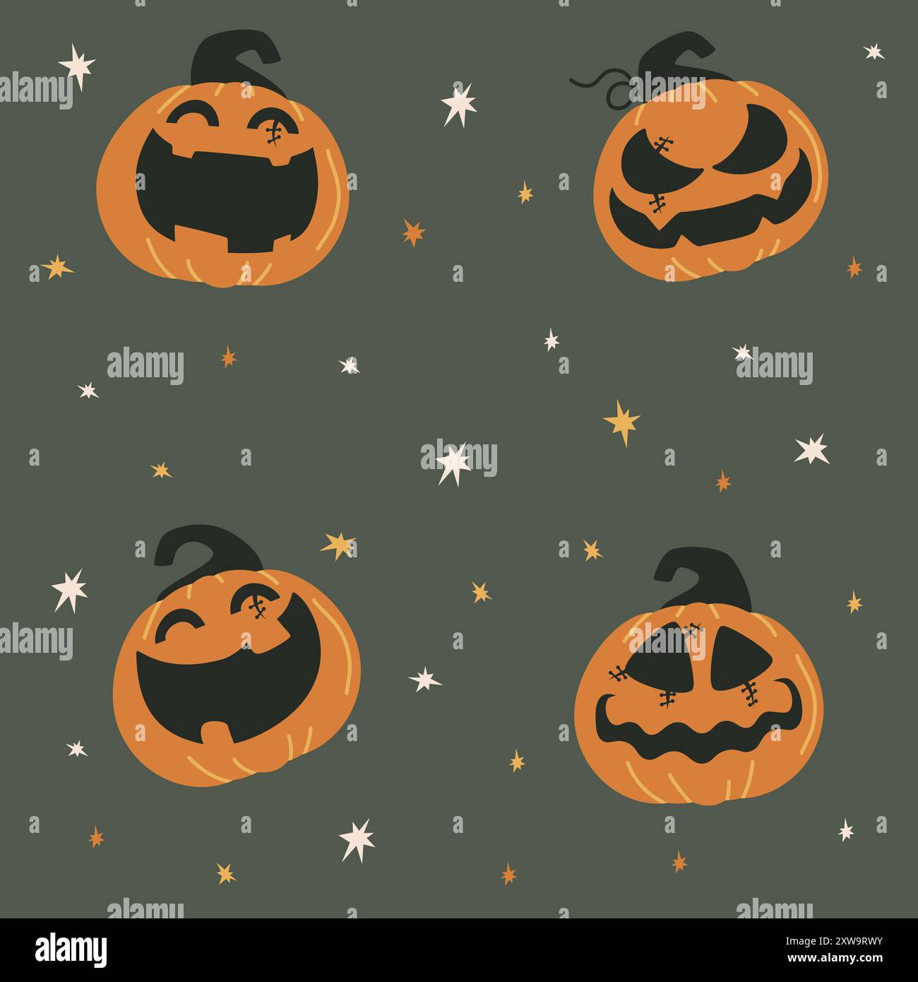 Cute Halloween seamless pattern. Starry sky and various pumpkins for ...