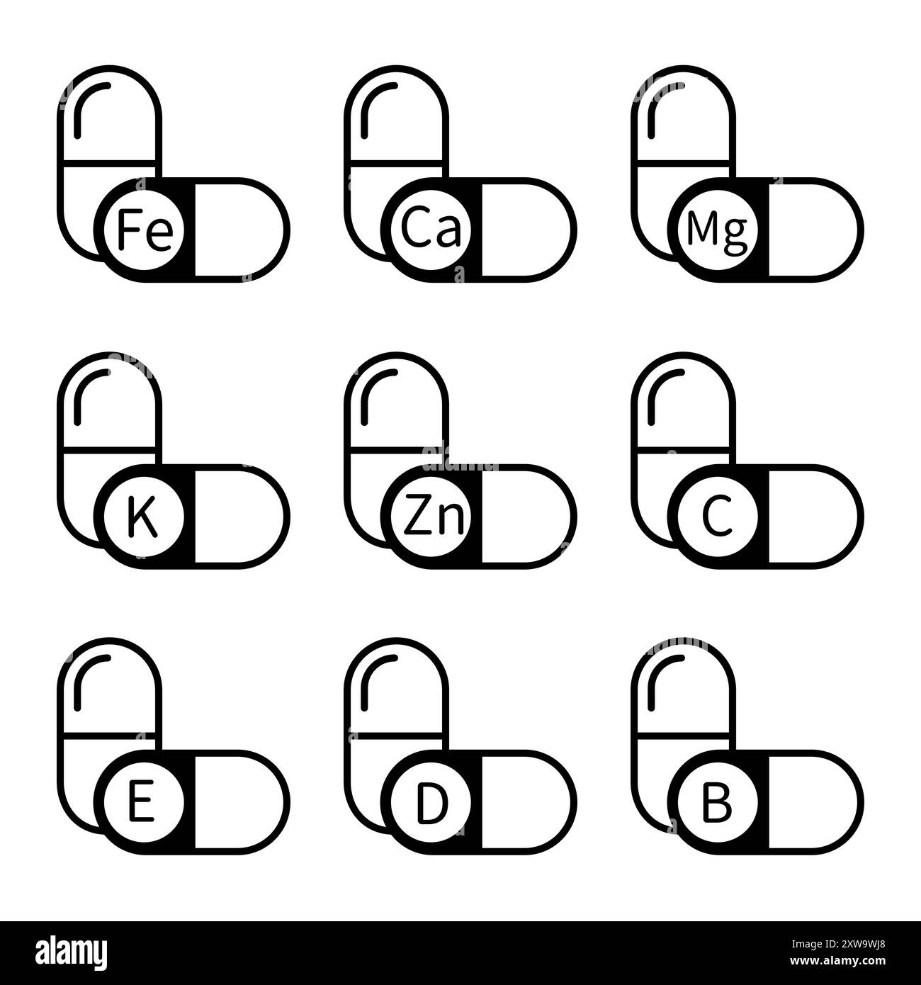 Vitamin capsule icons. Black and white outline. Letter labels focus ...