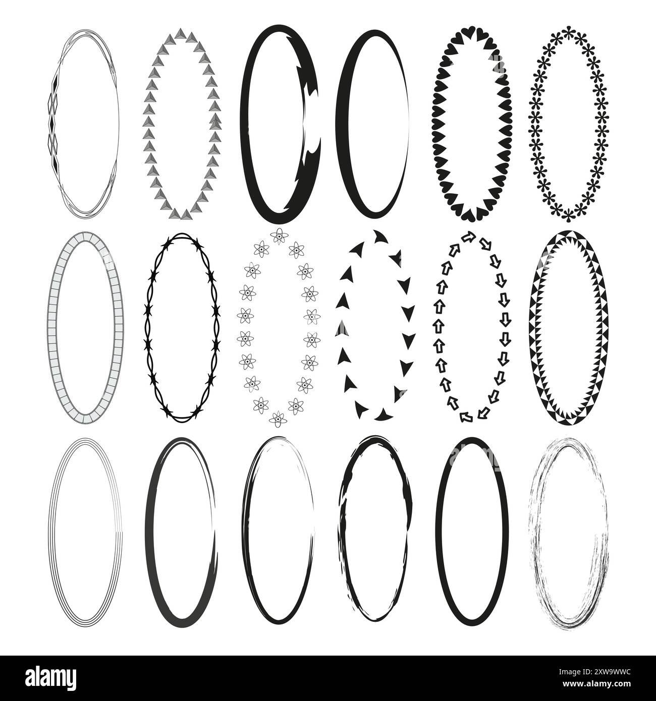 Decorative oval frames set. Black and white vector borders. Various ...