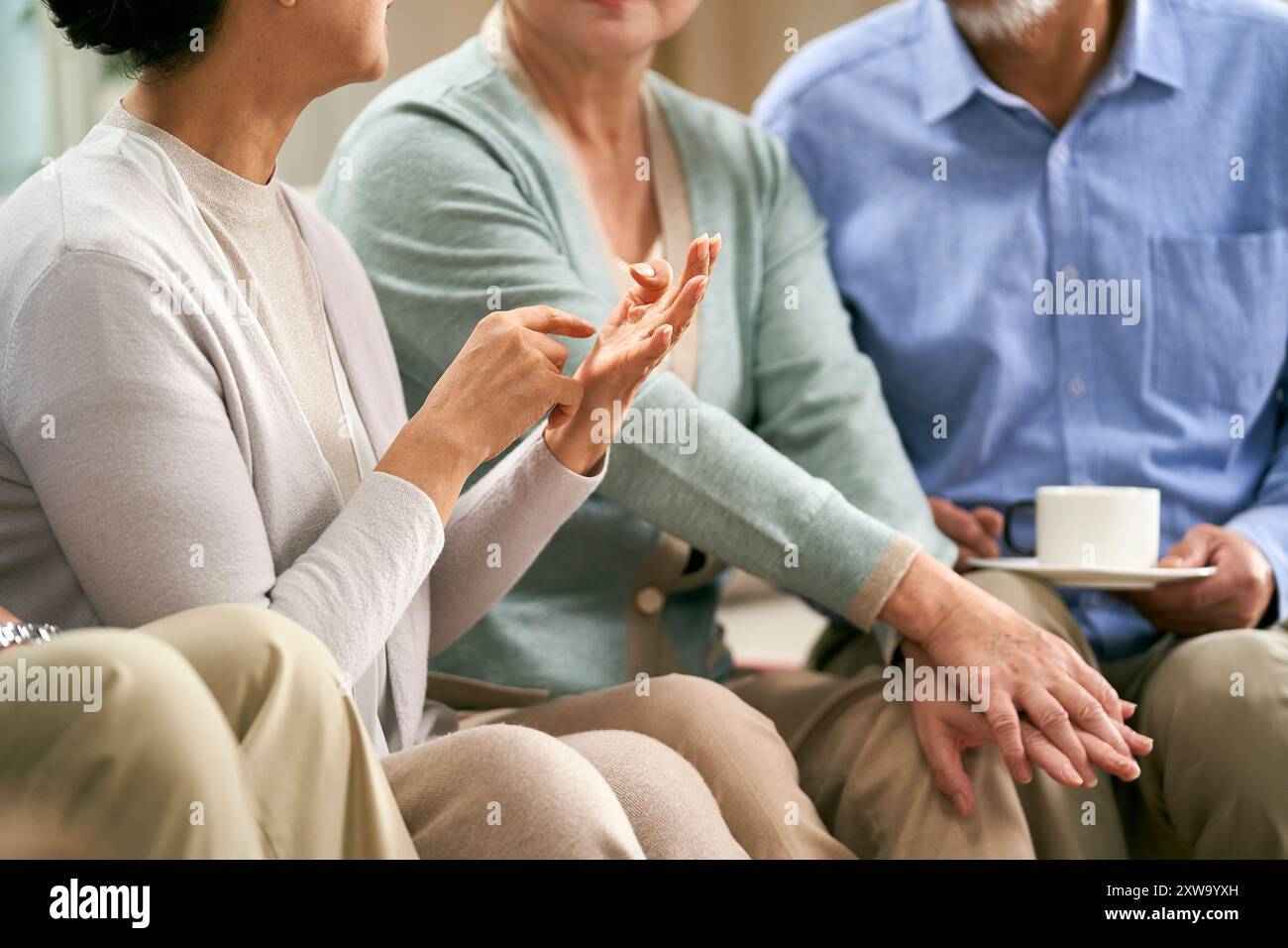 group of senior asian people sitting on couch at home chatting conversing Stock Photo - Alamy
