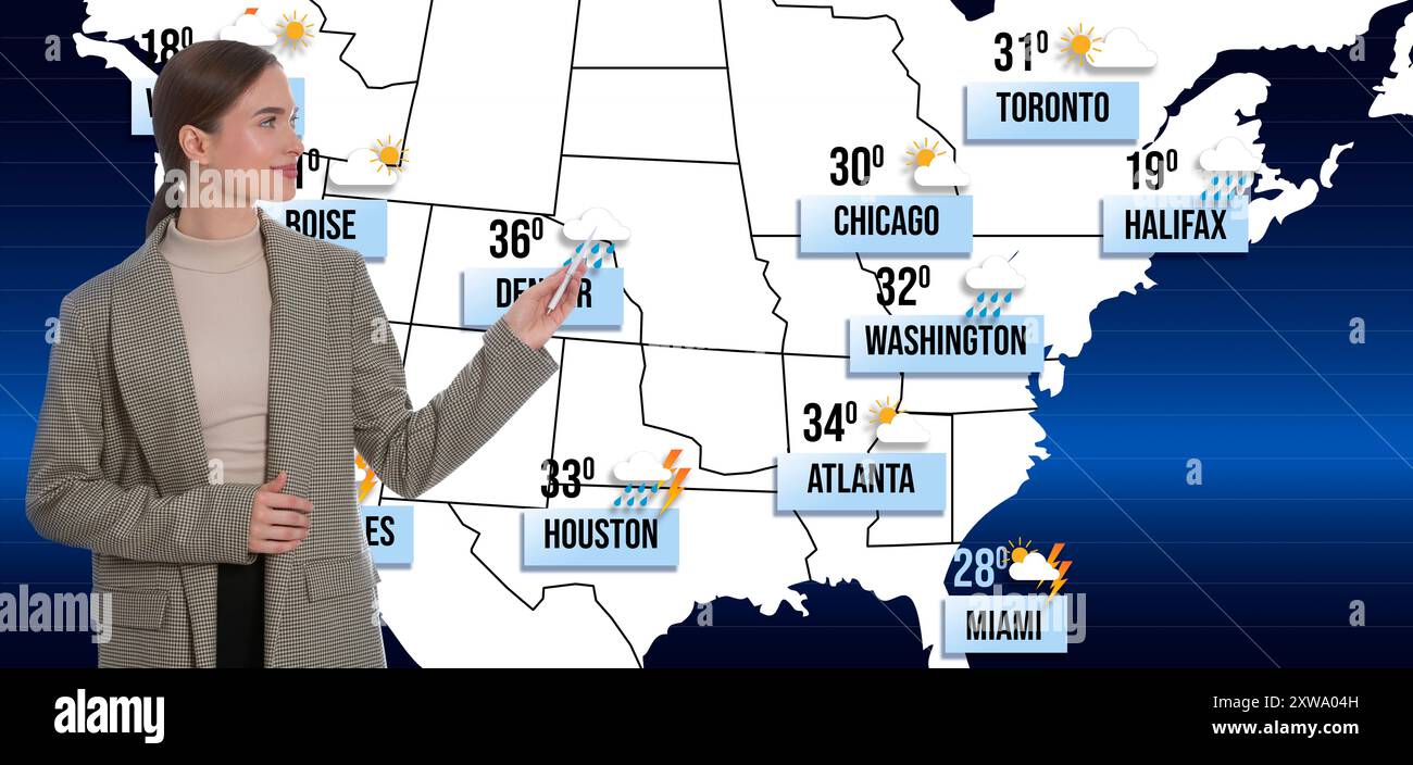 Weather broadcaster presenting forecast against map of USA Stock Photo ...