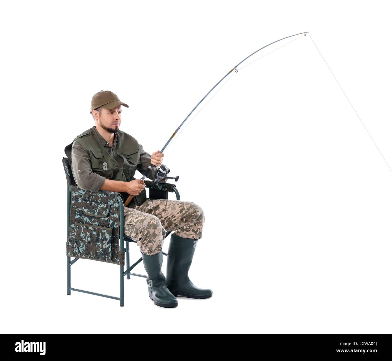 Fisherman with rod fishing on chair against white background Stock ...