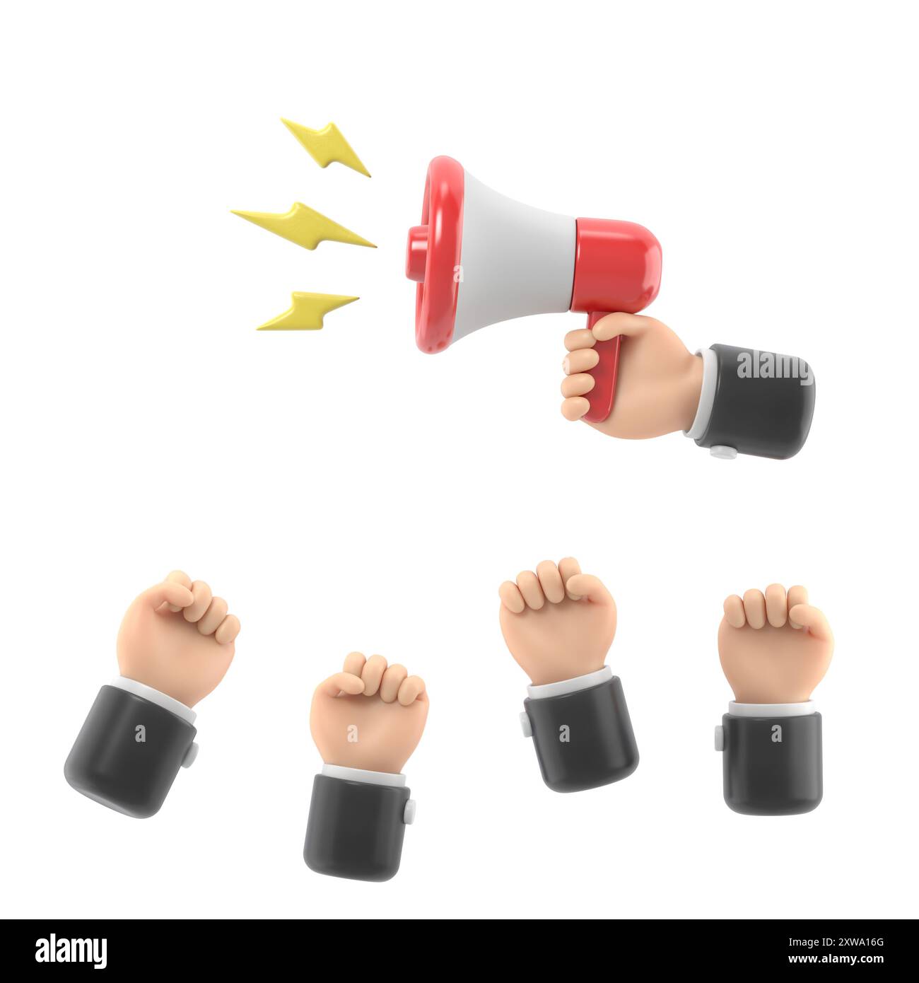 Cartoon hands of demonstrants and hand with Megaphone,protest concept ...