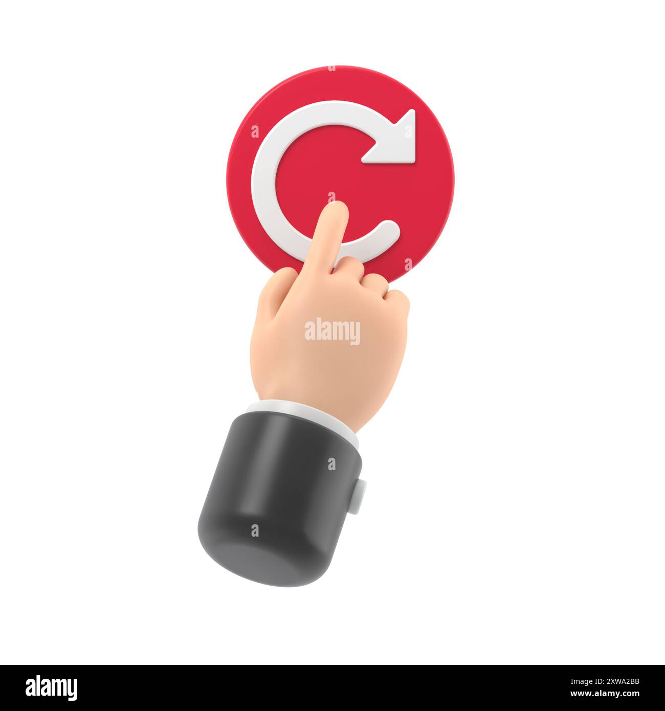 Reboot concept. Restarting technology. Hand to push big red button. 3d ...