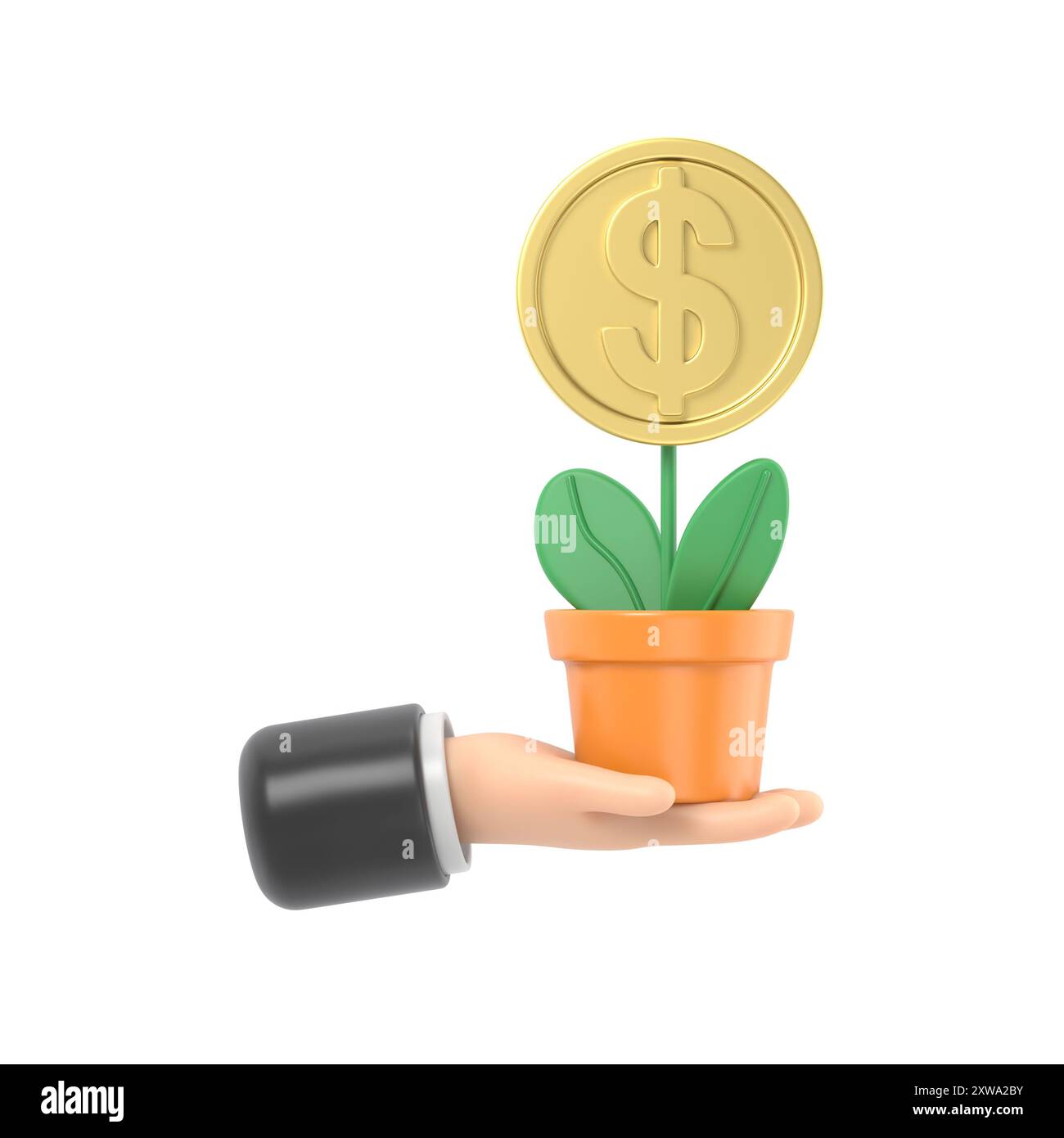 3d pot of plant with gold coin flower in hand on white background ...