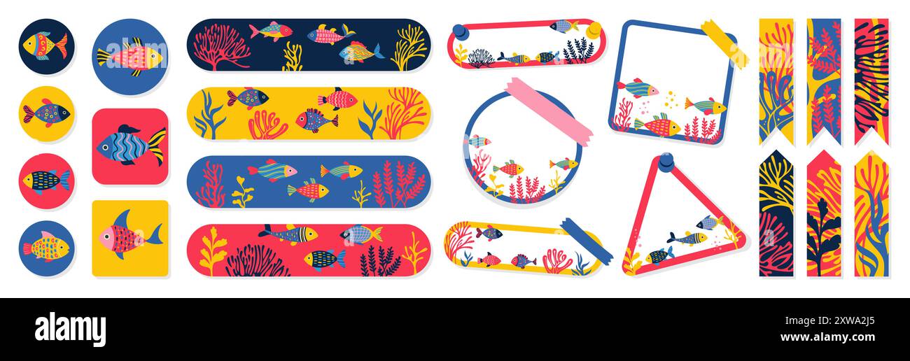 Bookmark and sticker stationery set with underwater fish design. Paper ...