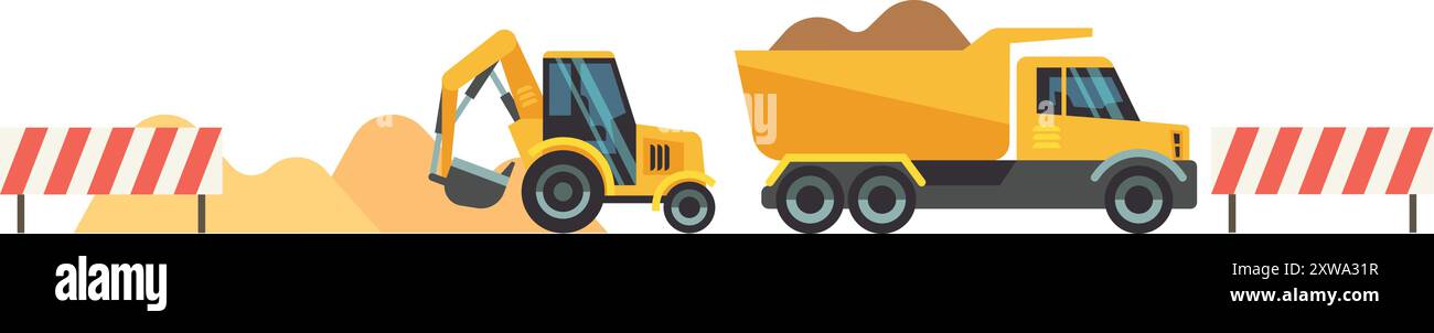 Heavy machinery digging ground and moving soil illustration Stock ...