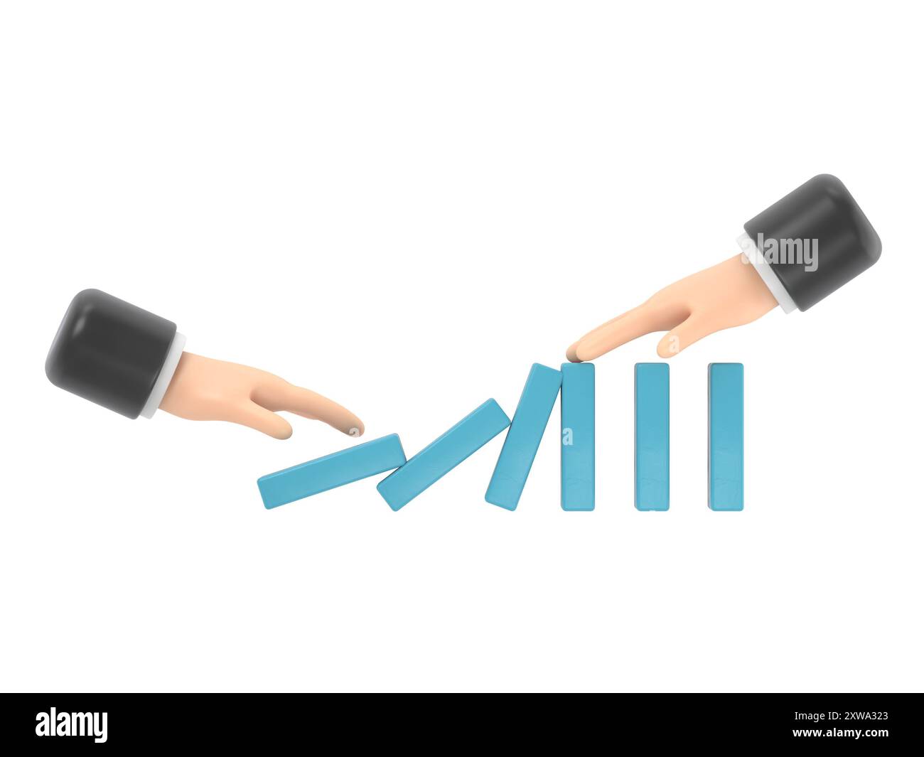 Domino effect concept. One man pushes the dominoes and second stops ...