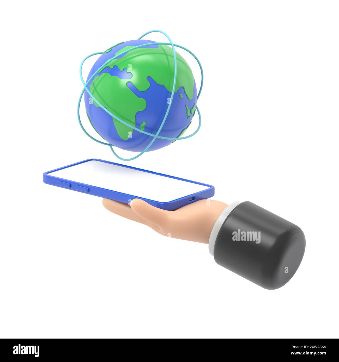 Flat 3d isometric businessman hand holding smartphone with world and ...