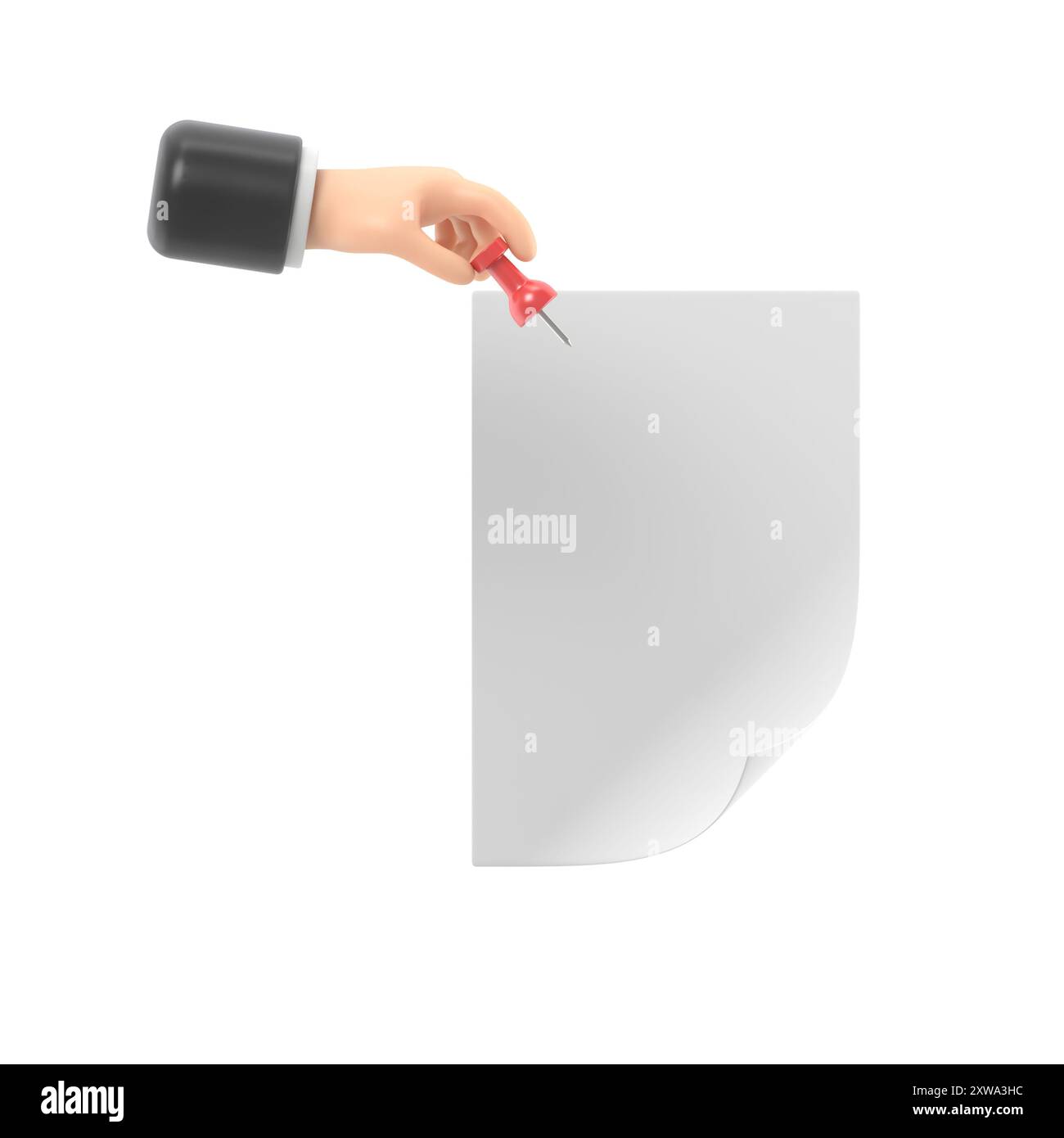 Paper push pins. Thumbtack in hand man. Empty white sheet. 3D ...