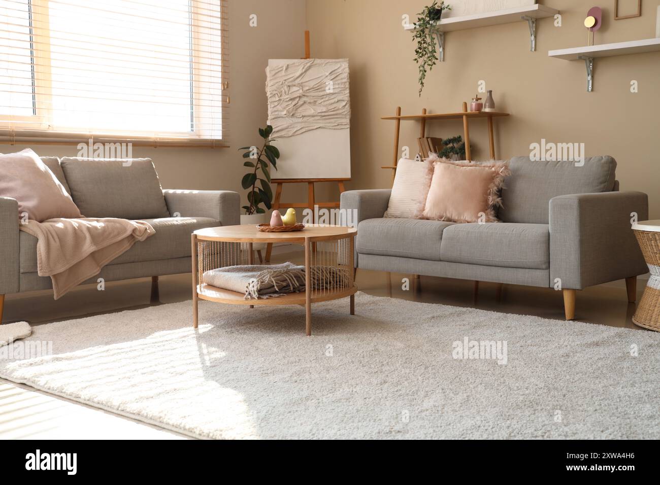 Light living room with grey sofas, carpet, pictures and coffee table ...