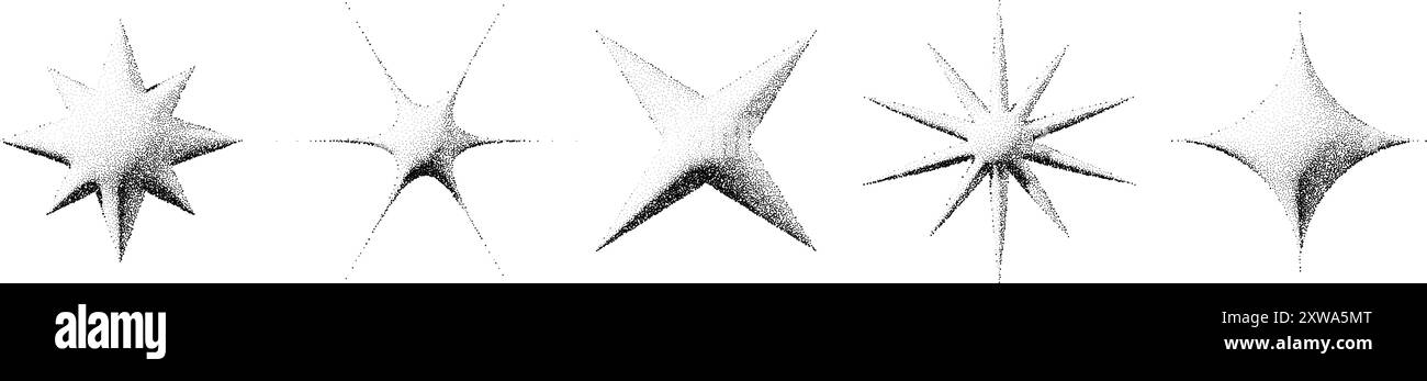 Black stippled star collection. 3d dotted textured flares and sparkles ...