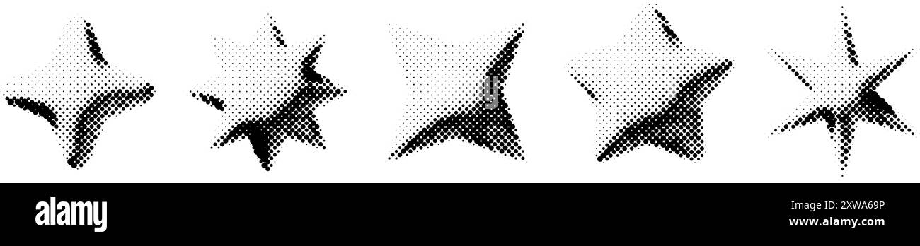Halftone grunge stars set. 3d dotted grainy star shape collection. Y2K ...