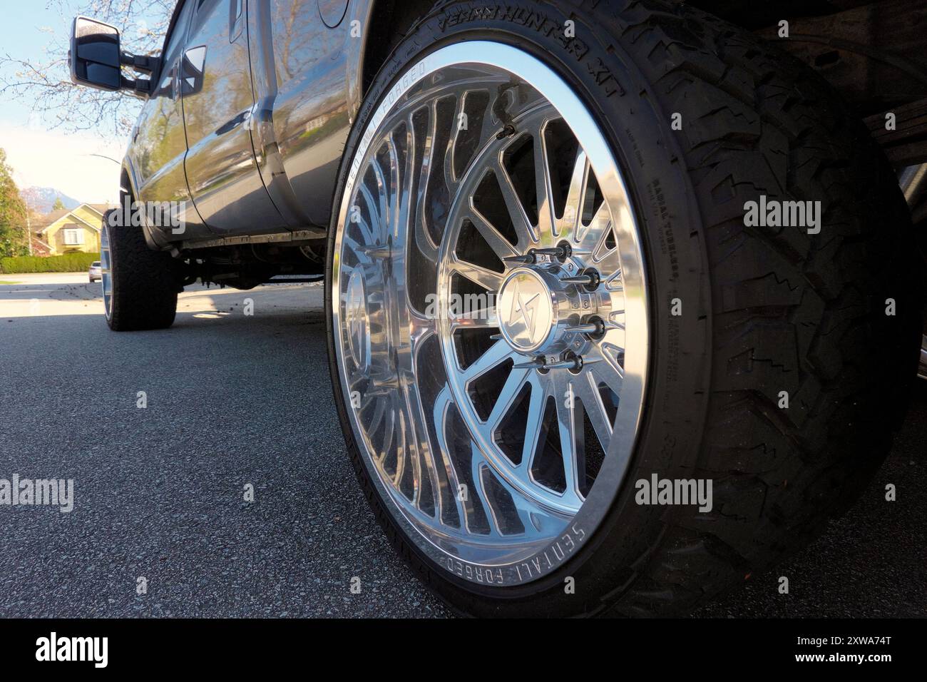 Low angle of a Chrome Sentali Forged wheel mounted on a truck Stock ...