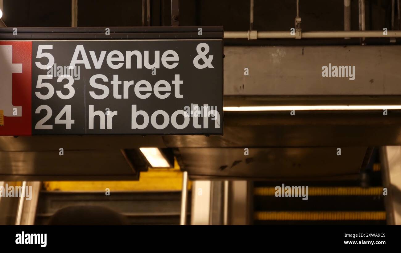 New York subway station interior, 5 avenue text sign. Manhattan ...