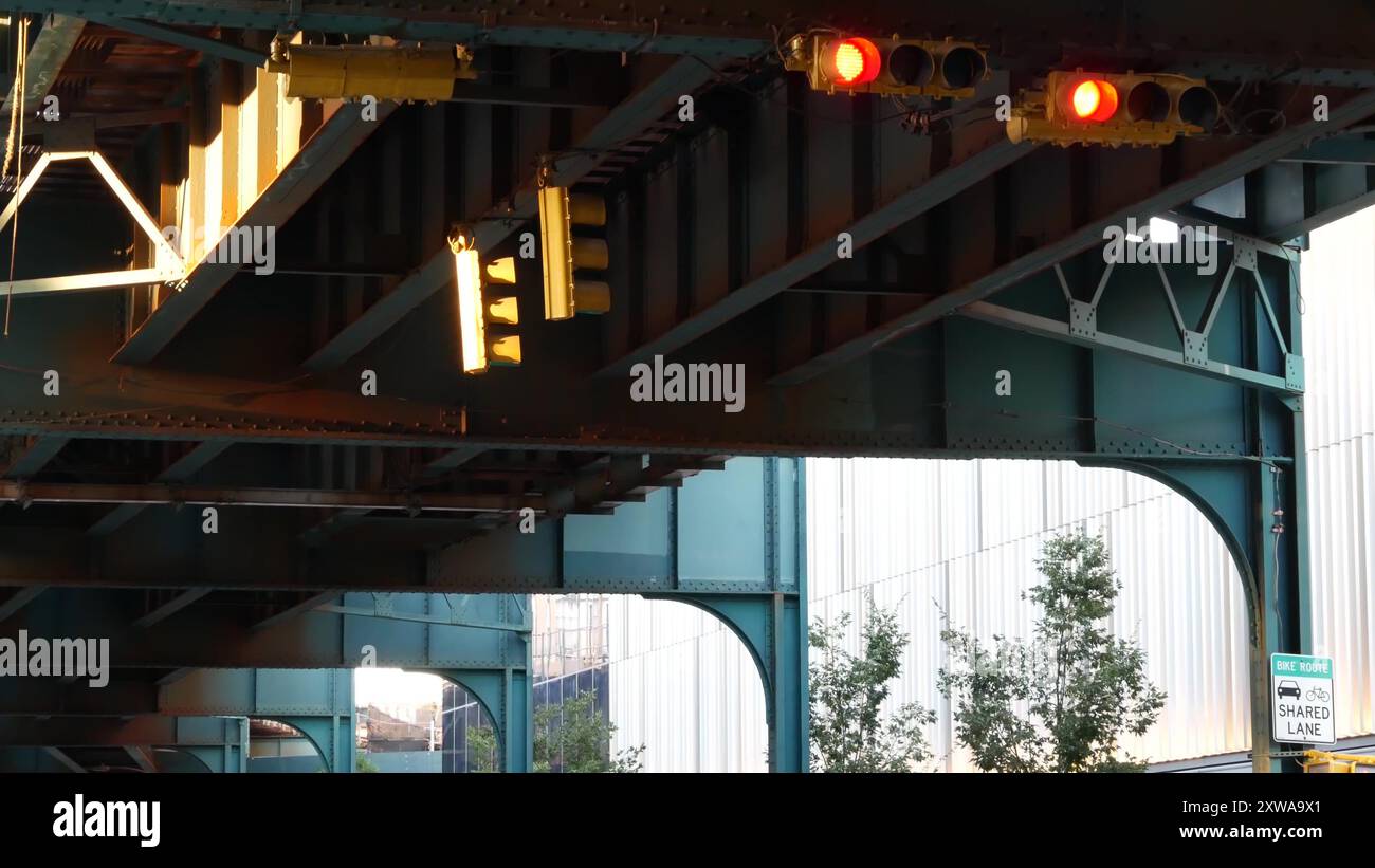 New York elevated subway, metropolitan bridge, metro track above street ...