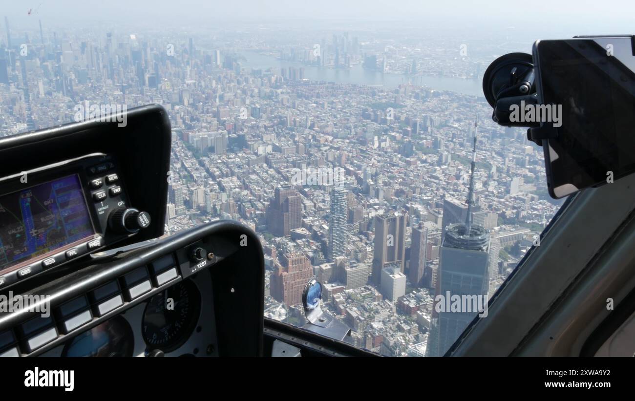 New York City helicopter cabin flight, heli cockpit flying over ...