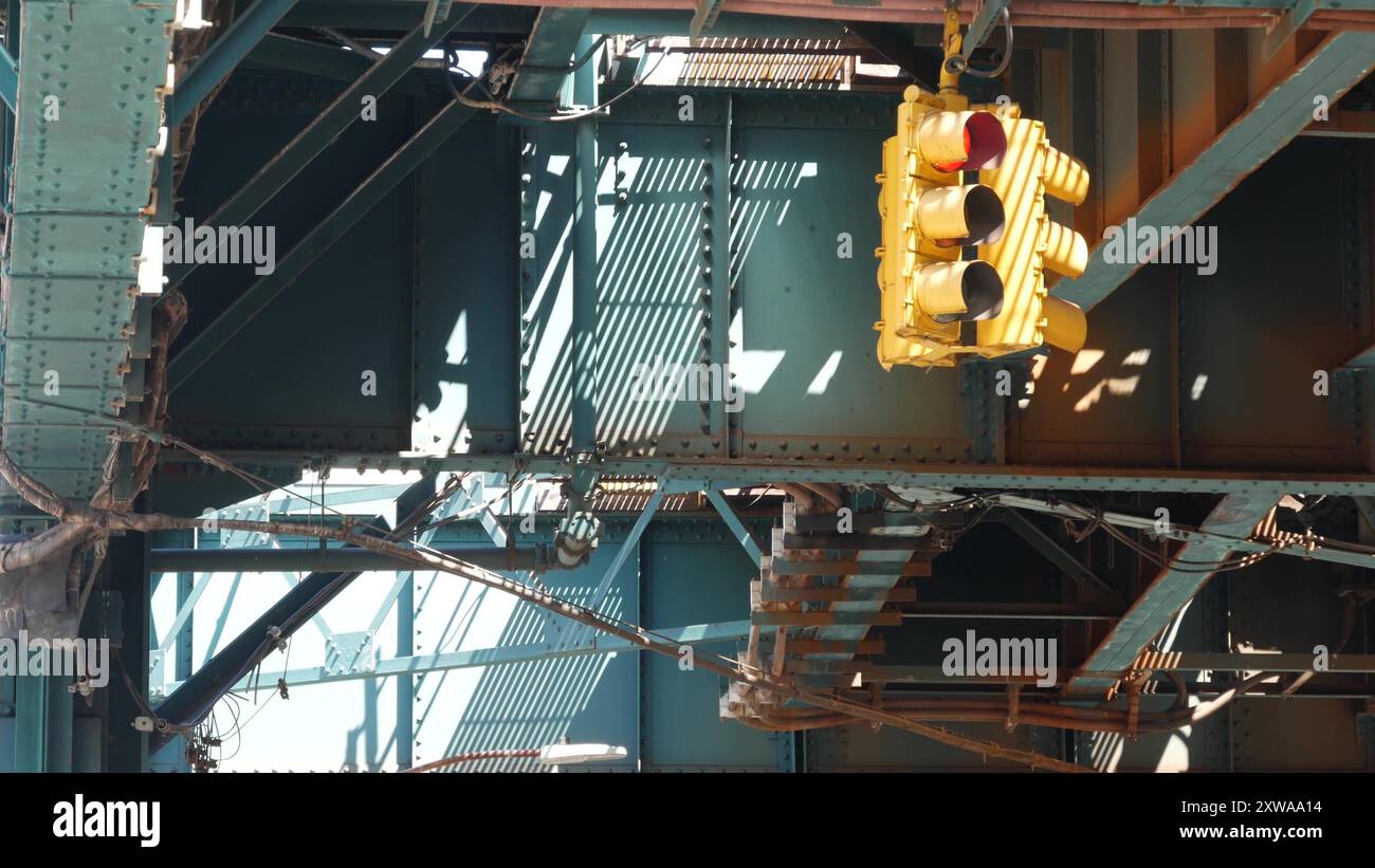 New York elevated subway, metropolitan bridge, metro track above street ...
