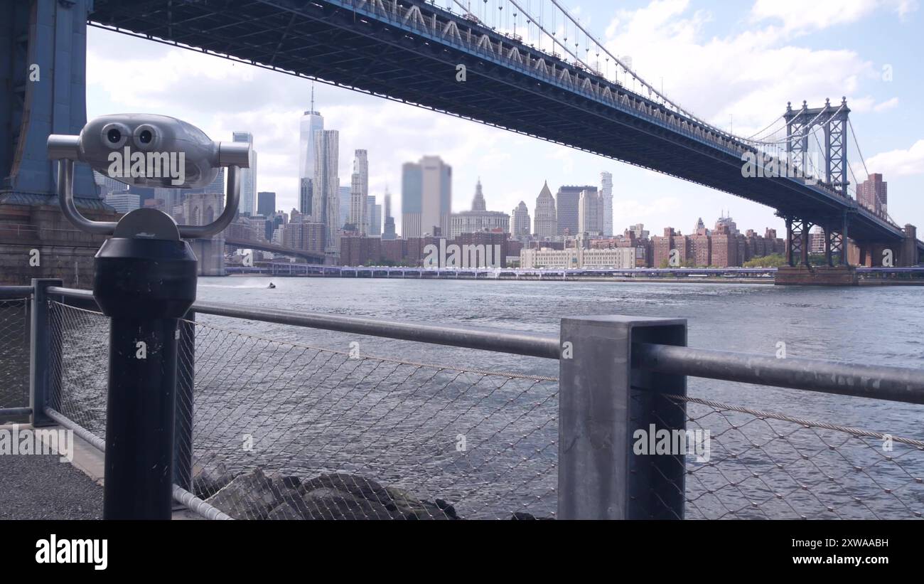 New York City Manhattan Bridge lookout, tower viewer binoculars ...