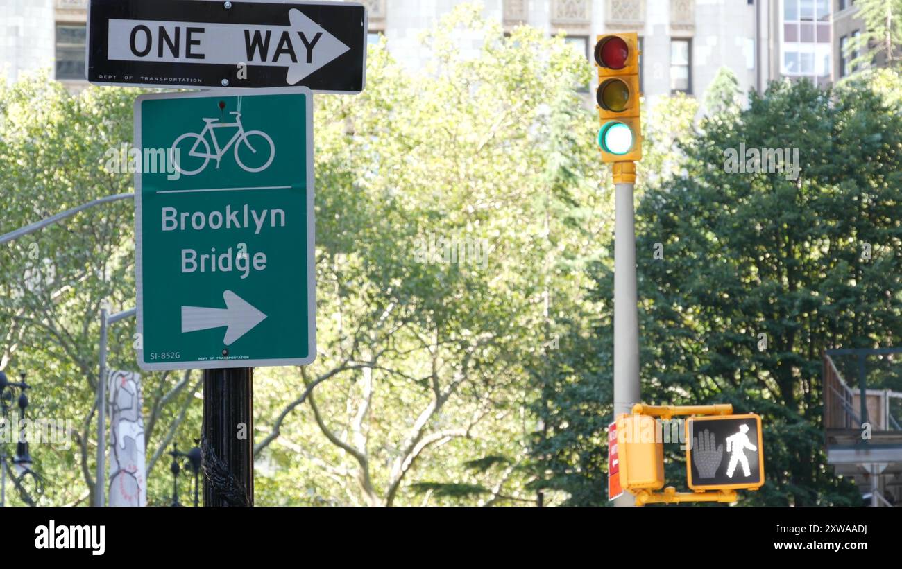 Bike lane road sign, New York. Brooklyn Bridge bicycle path, cycle ...