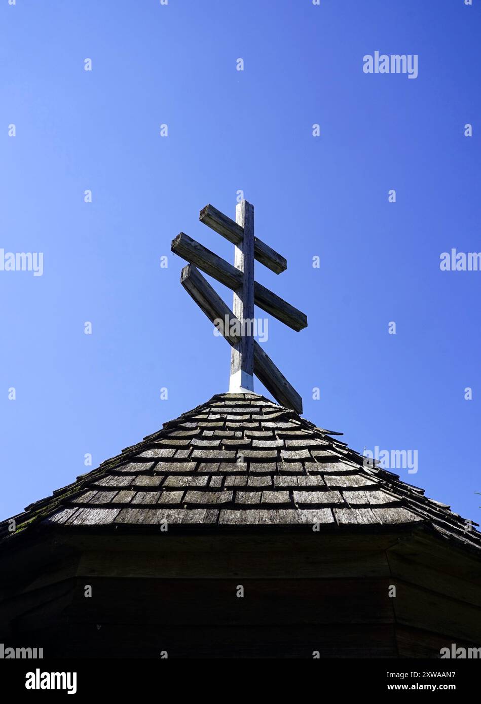 Wooden Christian Orthodox cross from an old Ukrainian church in rural ...