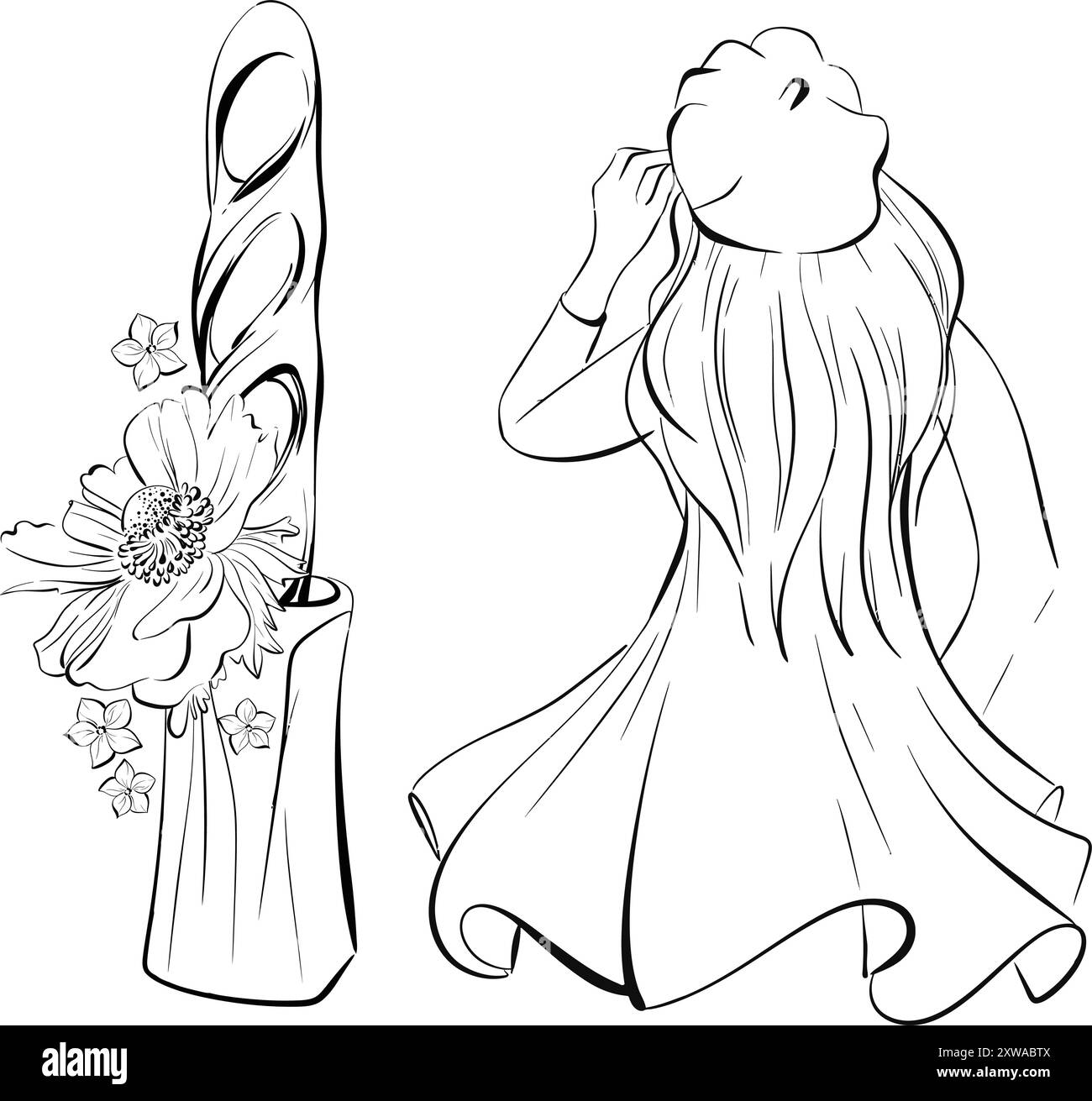 Vector Parisian Woman With Baguette French Girl Paris Cafe Bakery Tourism For Postcard