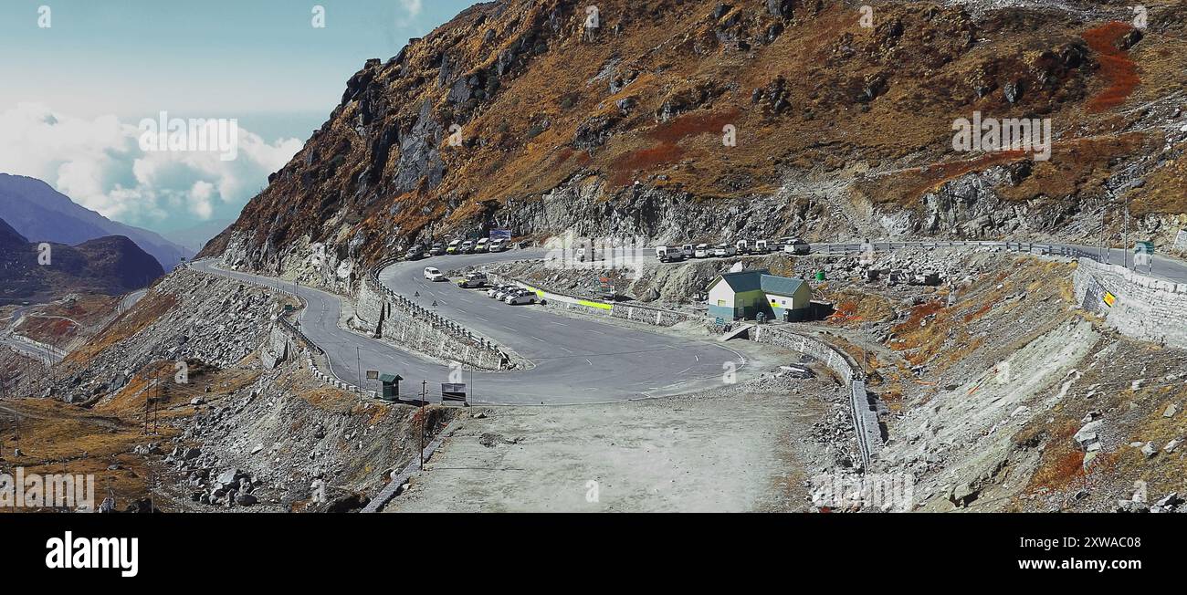 zig zag mountain road and alpine himalayan highland region of east sikkim near nathu la pass ...