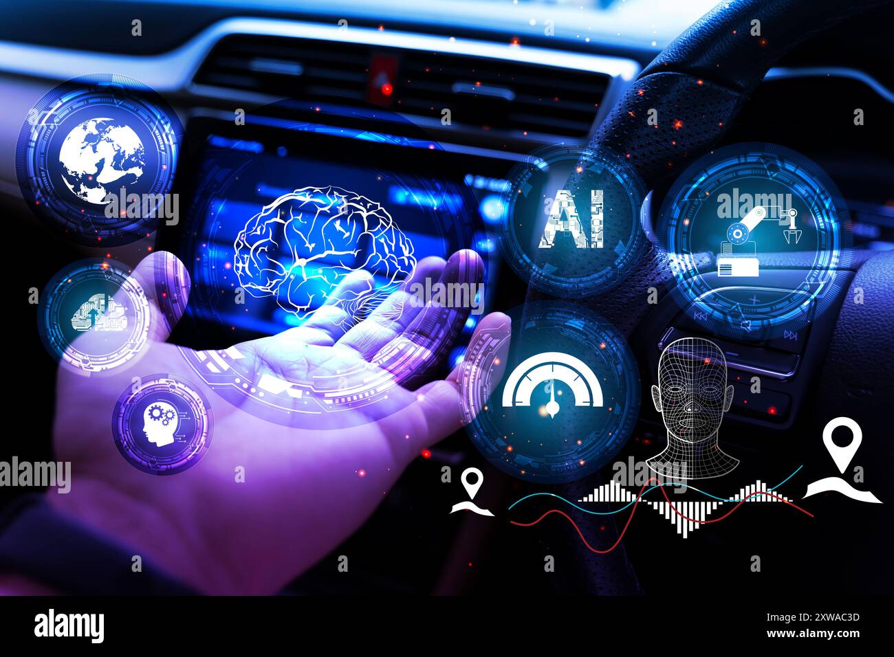 Businessman pointing at hologram with icon on virtual screen, Smart ...