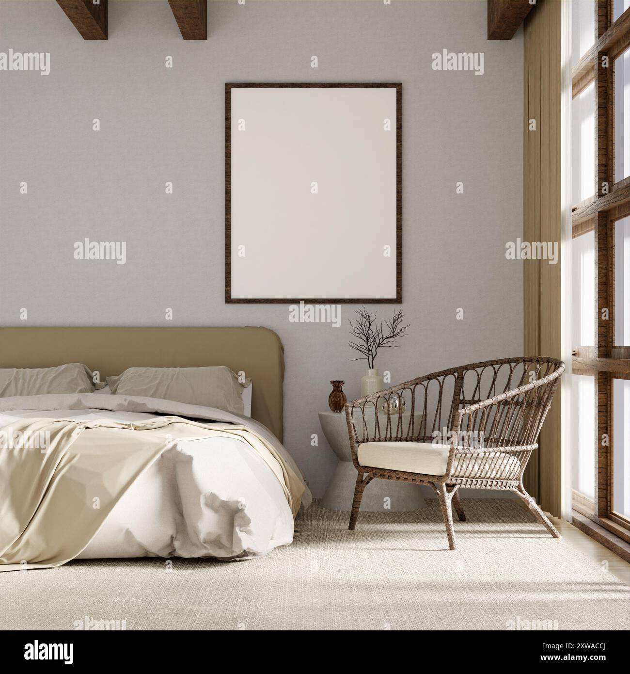 Cozy Modern Bedroom Interior with Wooden Frame, Neutral Tones, and ...