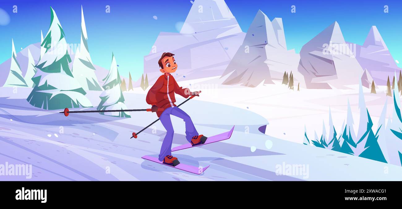 Active man skiing in winter mountains. Vector cartoon illustration of ...