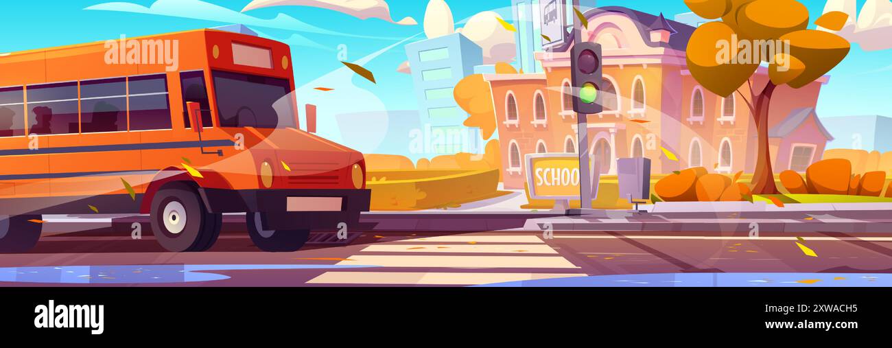 Yellow bus on road near school building. Vector cartoon illustration of ...