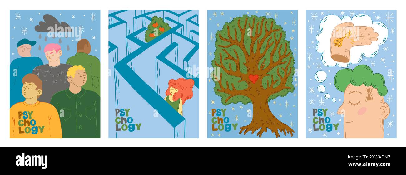 Psychology posters. Mental health. Mind labyrinth. Brain key. Emotion ...