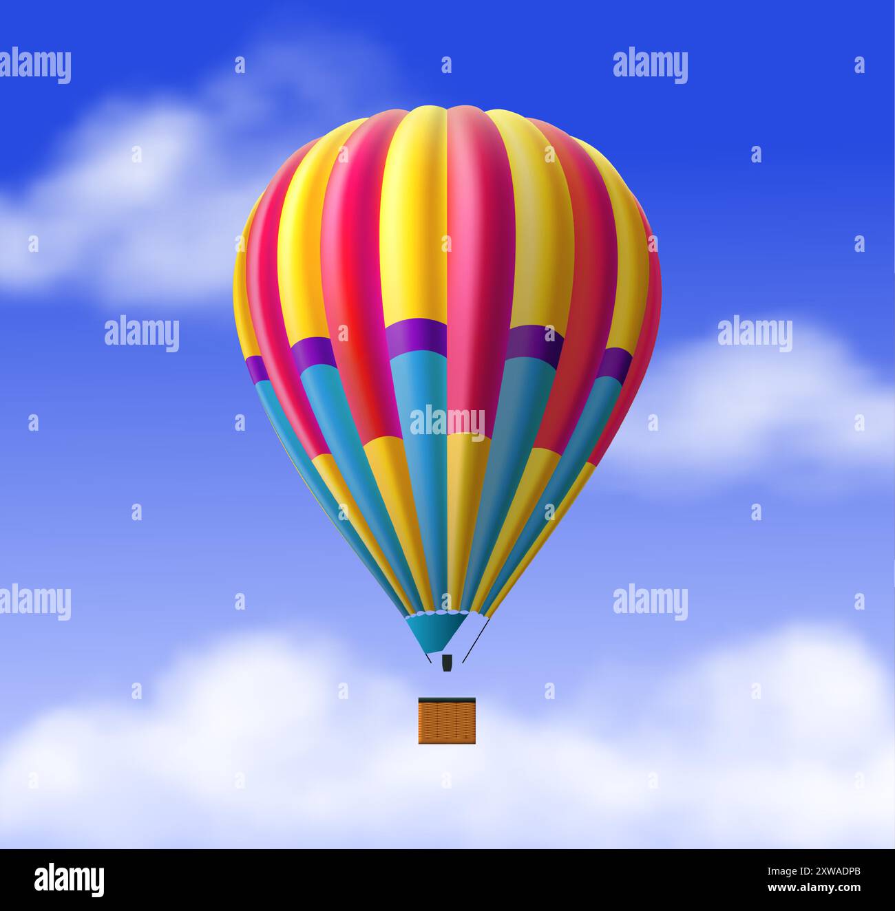 Realistic airship in sky. Colorful hot air balloon with basket. Vintage ...