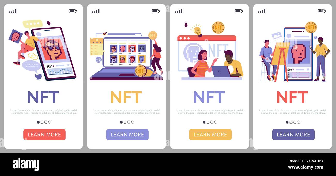 NFT mobile app. Smartphone onboarding. Cyber art. Unique masterpiece ...