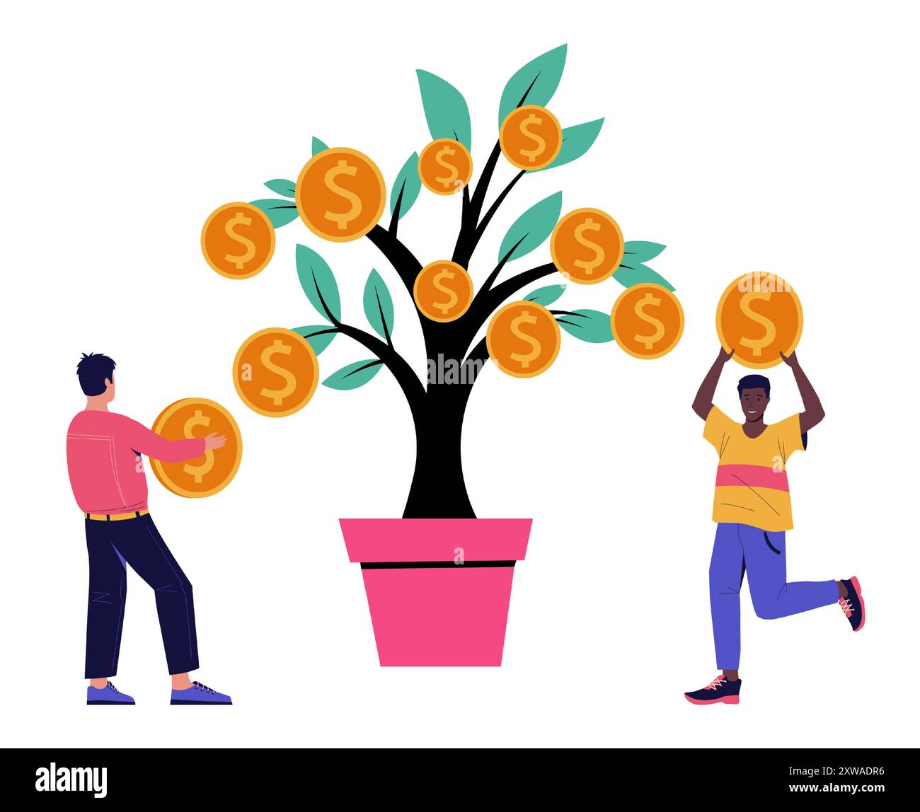 Money tree. People hold golden coins. Happy men investors. Financial ...