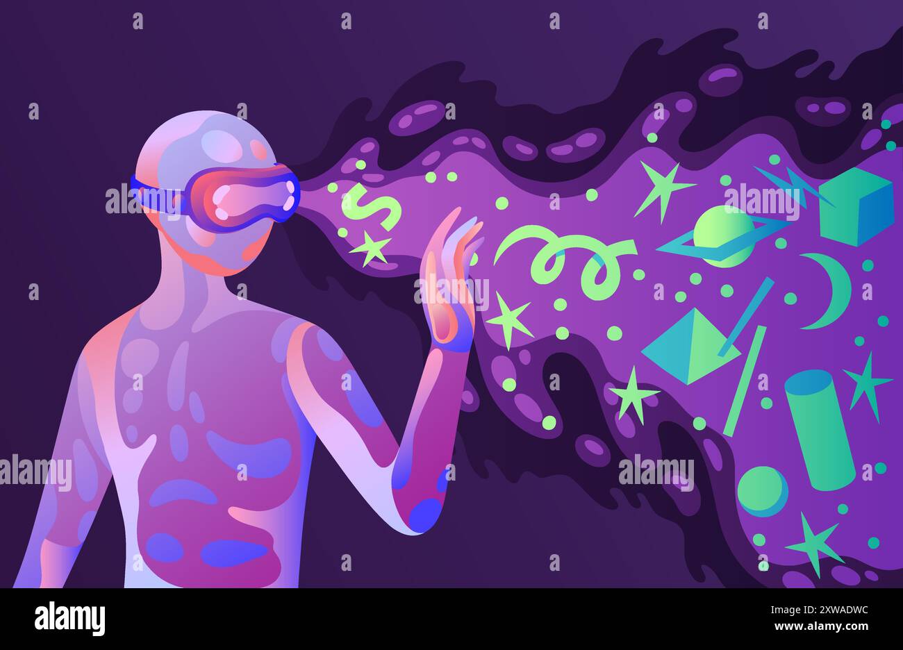 Virtual reality. Woman character in VR glasses. Abstract light girl and ...
