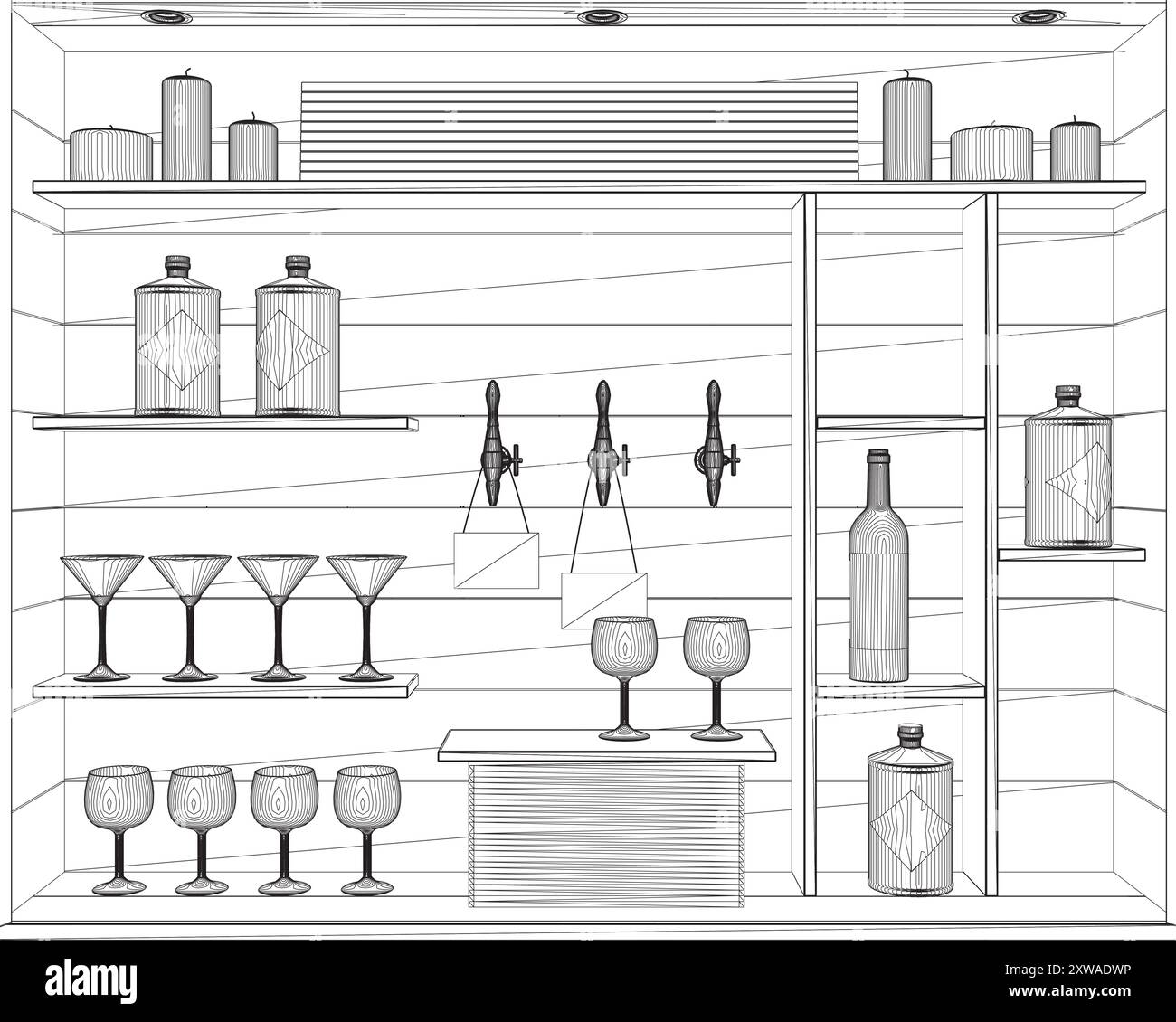 Alcohol bar outline with bottles and glasses on shelves made of black ...