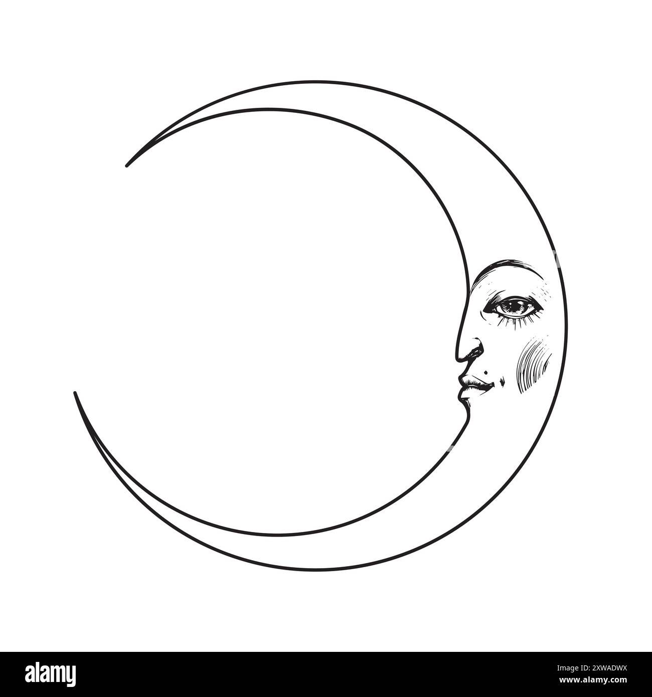 Stylish crescent moon with face, celestial outline tattoo, black and ...