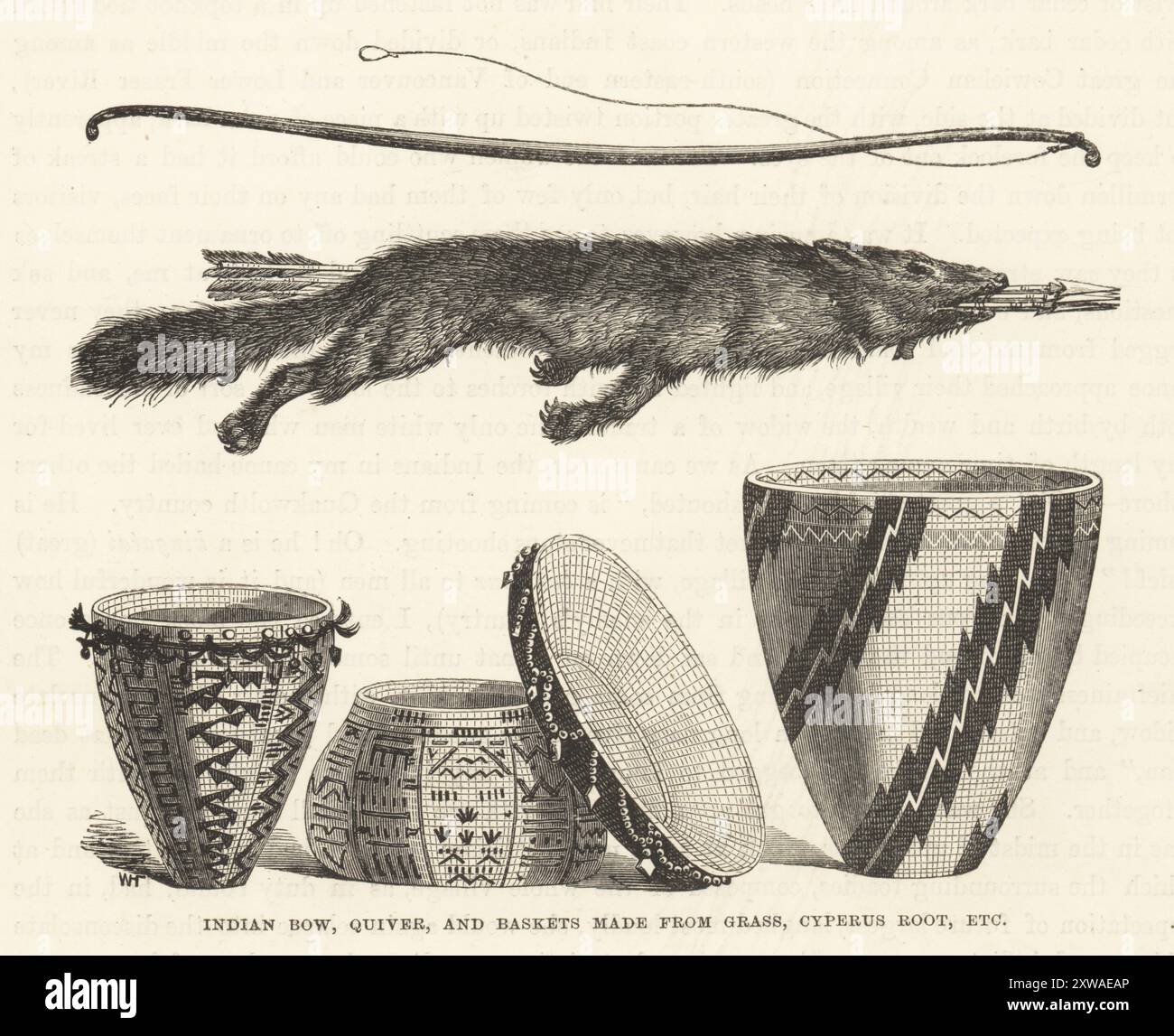 Indian bow, animal-skin quiver, baskets made from grass, cyperus root ...