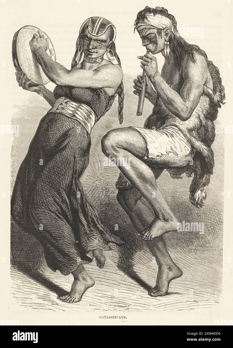 Patagonian man and woman dancing with flute and tambourine. He wears a ...