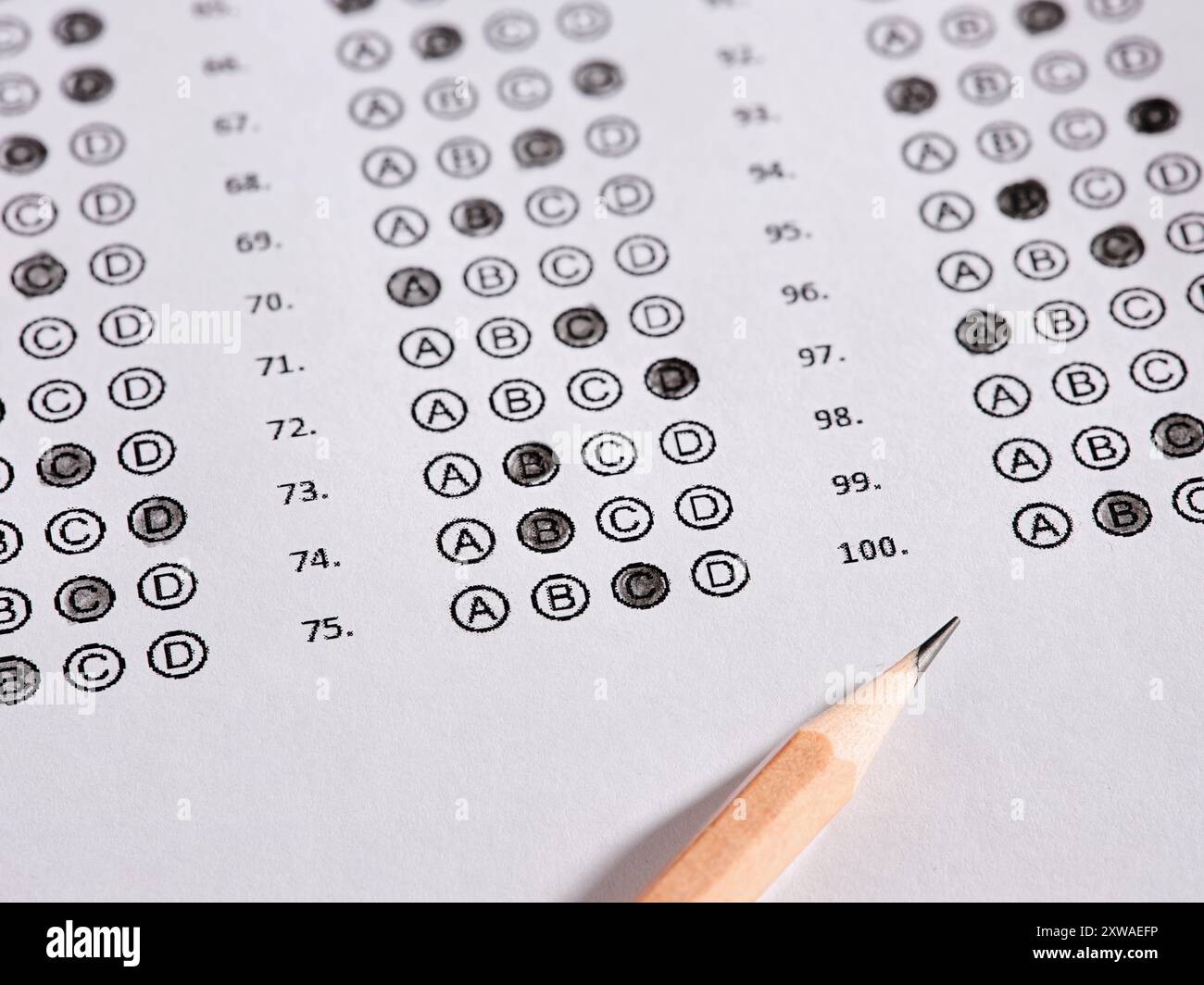 Close up view of a sheet of test exam paper filled with pencil ...