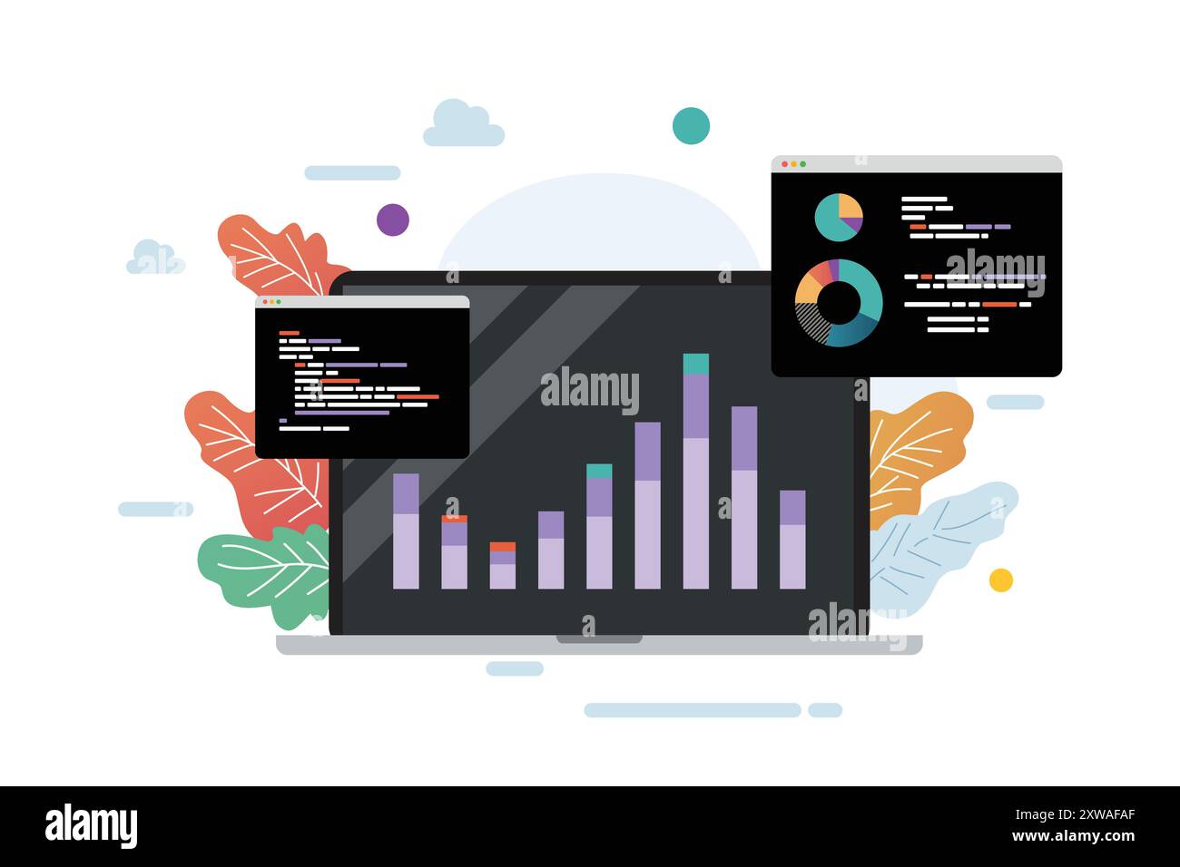 Laptop with bar chart and data. Business analytic concept. vector ...