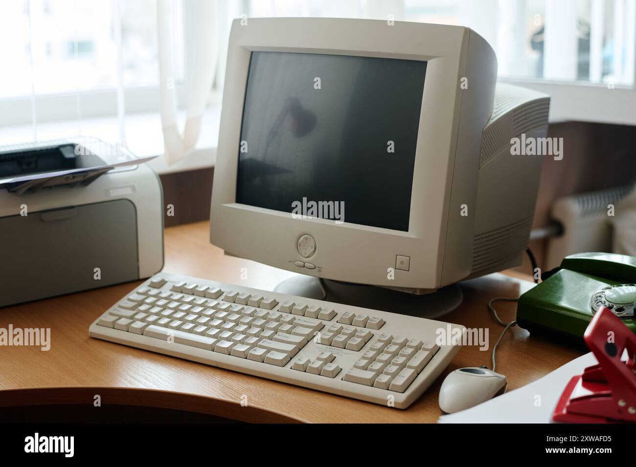 Vintage computer setup including CRT monitor, keyboard, and printer on ...