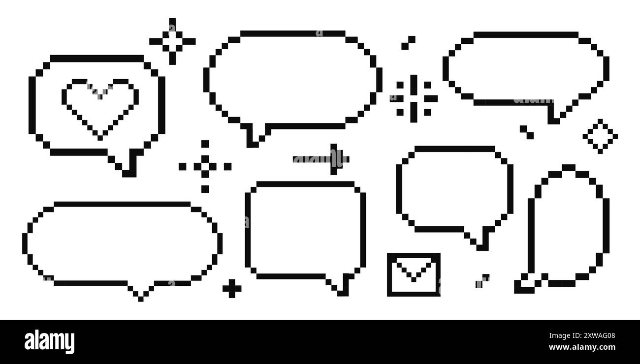 Pixel speech bubble cloud 8 bit y2k digital retro message with stars, arrow, heart. Game talk ...