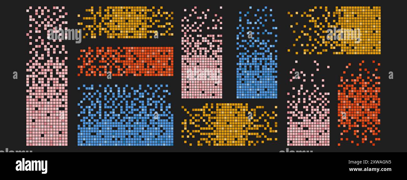 Set of colorful pixel disintegration backgrounds. Decay effect. Vector ...