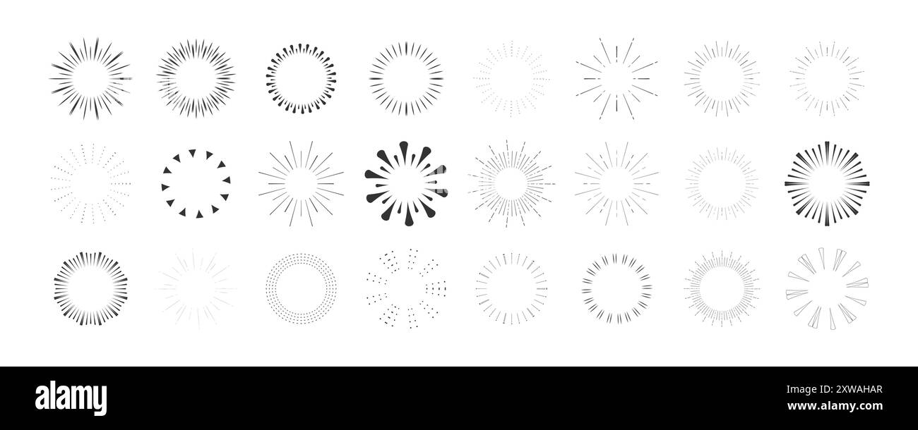 Set Fireworks, rays, sunburst frames circle border decoration, sparkle ...