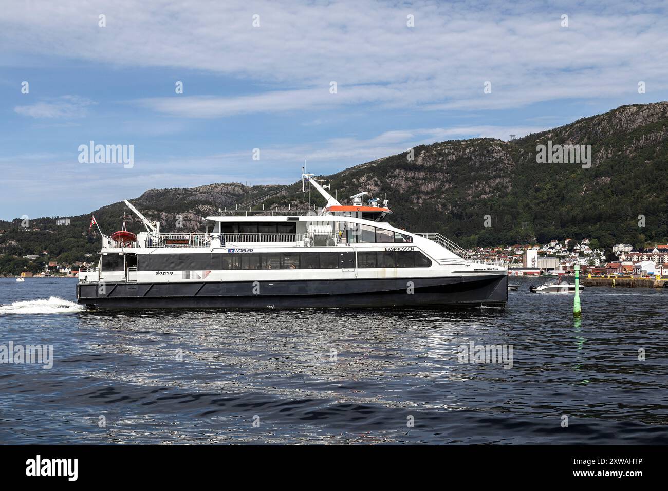 High speed passenger catamaran Ekspressen at Byfjorden, arriving at the ...