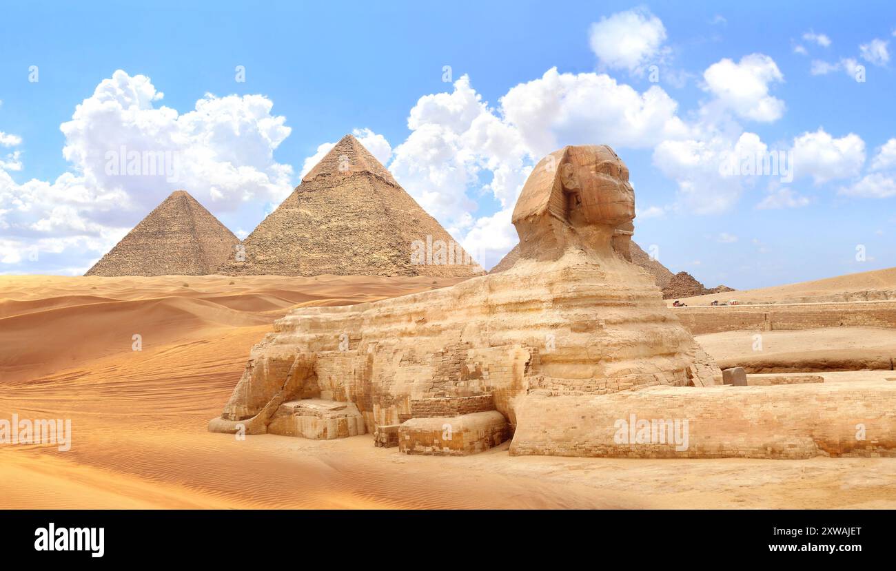 Famous Great Sphinx and pyramids of Chephren and Cheops, Cairo, Egypt ...