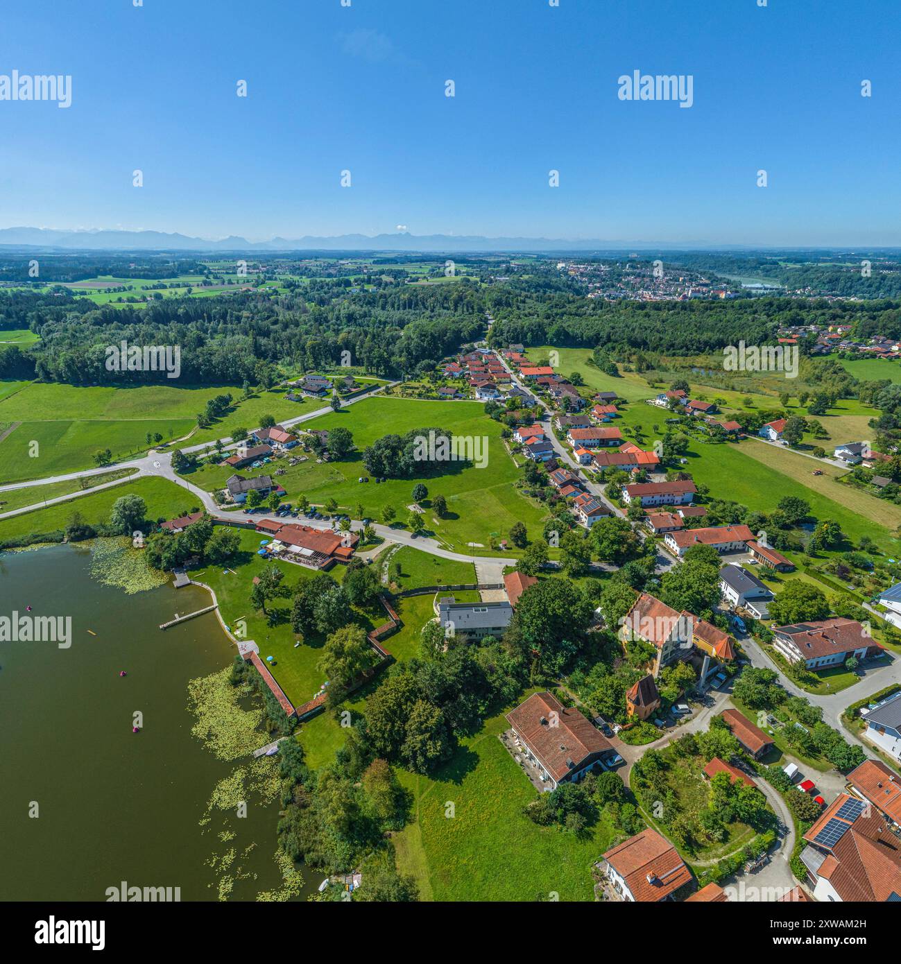 Aerial view to the Penzinger Lake near Wasserburg inthe bavarian alpine ...
