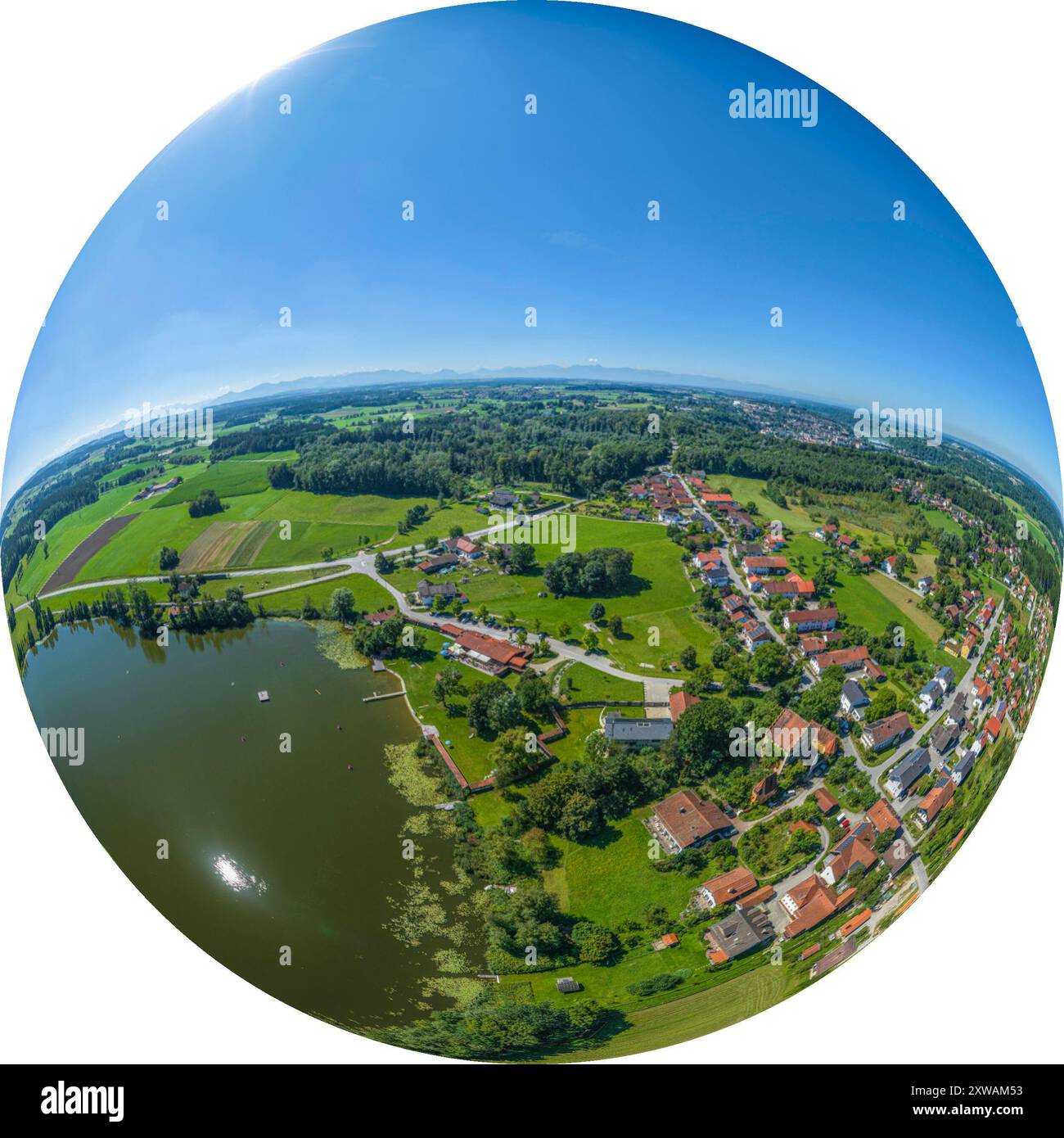 Aerial view to the Penzinger Lake near Wasserburg inthe bavarian alpine ...